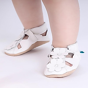 Dotty Fish Soft Leather Infant Toddler Sandals. White Flowers. 12-18 Months