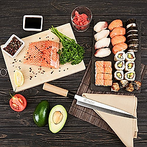 Lucky Cook Sashimi Sushi Knife 10 Inch - Perfect Knife For Cutting Sushi & Sashimi, Fish Filleting & Slicing - Very Sharp Stainless Steel Blade & Traditional Wooden Handle + Gift Box
