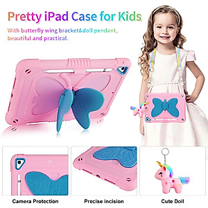 VOFUOE for iPad 6th/5th Generation Case with Screen Protector for iPad 9.7 Case 2018 2017 Butterfly Stand Strap Dolls Pencil Holder Kids Girls Hard Cover for iPad Pro for iPad Air 2th 9.7''-Pink Blue