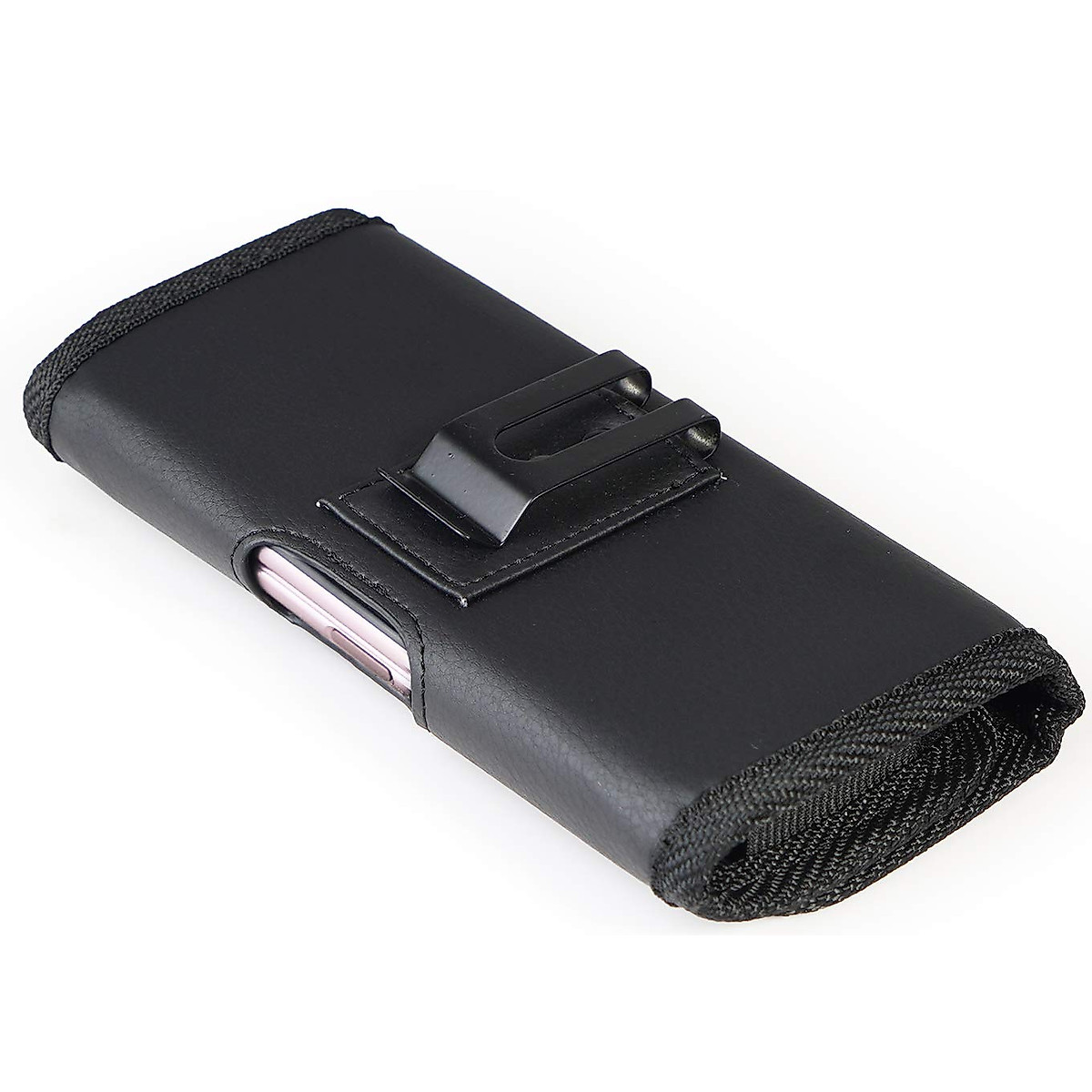 Case for Motorola Phone, Nakedcellphone Black Vegan Leather Horizontal Pouch [Metal Clip, Belt Harness, Magnetic Closure] for Moto ThinkPhone, Edge, Edge+, G Power 5G, G Play, Nokia C300/C110/G310