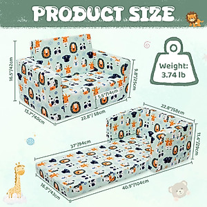 Pipoobear Kids Sofa, Comfy 2-in-1 Toddler Couch Fold Out, Convertible Sofa to Toddler Lounge Chair for Boys and Girls (Animal, Green)