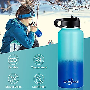 LAMONKE 32oz Vacuum Insulated Stainless Steel Water Bottle with Straw Lids & Spout Lids & Wide Mouth, Double Wall BPA Free Sweat-Proof Thermos to Keep Beverages Perfectly Hot or Cold