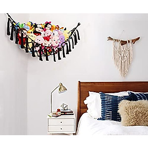 MAKEONEWO Stuffed Animal Toy Hammock Hanging- Macrame Toy Hammock with Tassels-Stuff Animals Organizer Storage Boho Large Corner Plush Toys Net Holder for Nursery, Play Room, Kids Bedroom (Black), 1 Pack