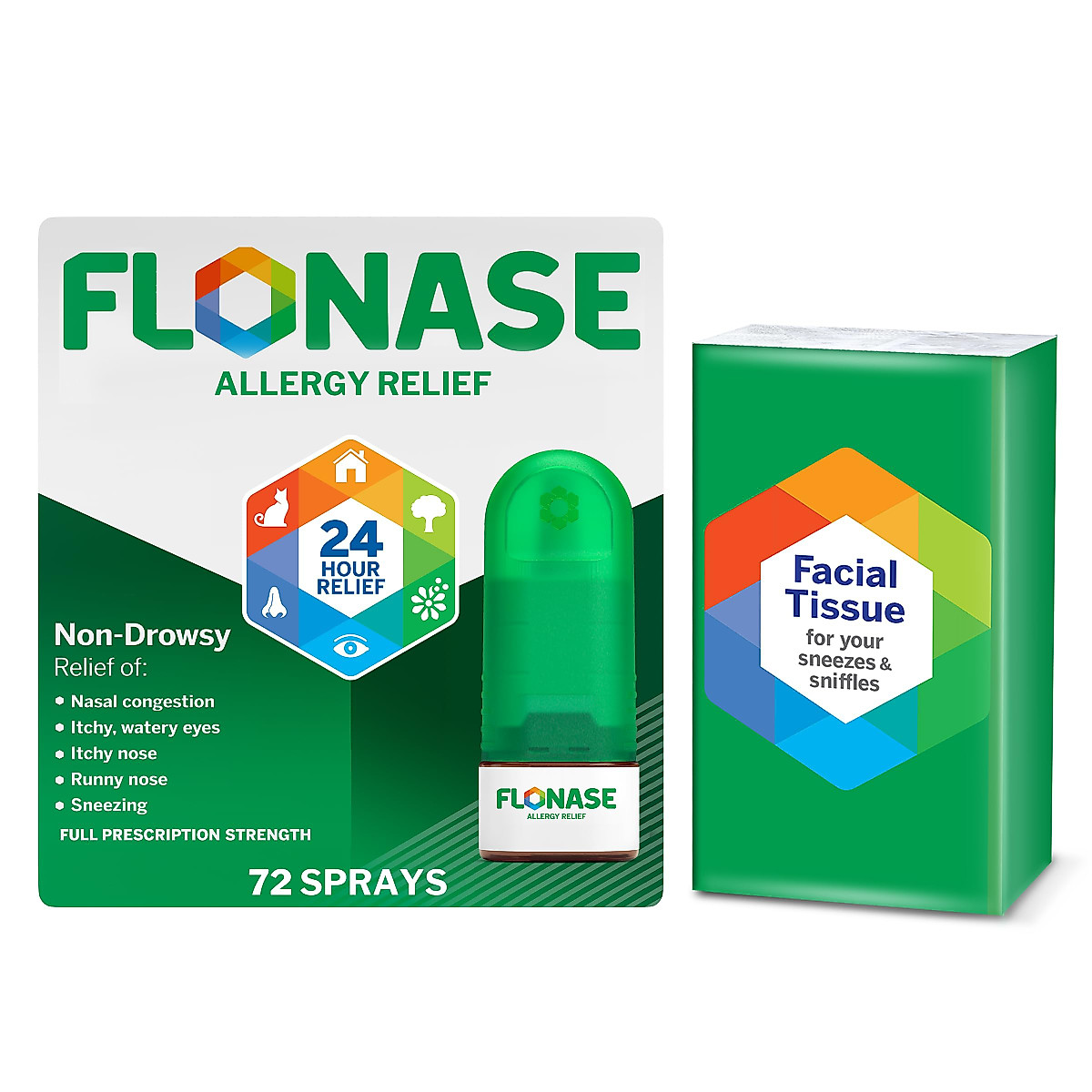 Flonase Allergy Relief Nasal Spray, 24-Hour Non-Drowsy Multi-Symptom Relief - 72 Sprays plus Bonus Pack of Tissues