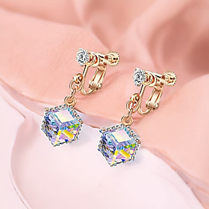 Cube Austrian Crystal Drop Clip On Dangle Earrings for Women Non Pierced 14K Rose Gold Plated Hypoallergenic Jewelry (Aurora Borealis)