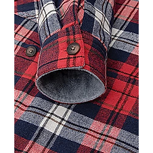 Lisskolo Womens Flannel Shirts Hoodie Fleece Jacket Long Sleeve Button Down Plaid Shirt Flannel with Pocket Red L