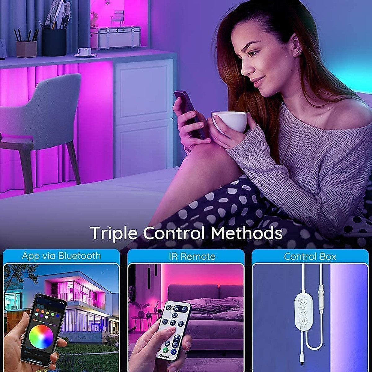 Govee 32.8ft Color Changing LED Strip Lights, Bluetooth LED Lights with App Control, Remote, Control Box, 64 Scenes and Music Sync Lights for Bedroom, Room, Kitchen, Party, 2 Rolls of 16.4ft