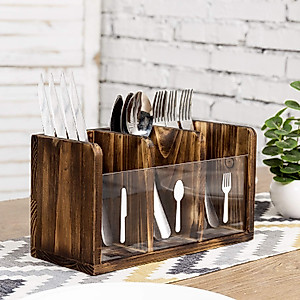 MyGift Torched Wood Flatware Caddy with Clear Acrylic Front Panel, Dining Utensils Holder, Cutlery Storage Organizer Bin with Fork, Spoon and Knife Labels