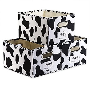 PRANDOM Collapsible Storage Baskets for Closet [3-pack] Decorative Linen Fabric Storage Bins Cubes with Metal Handles for Shelves Bedroom Living Room Cows (11.5x8.5x6.7 Inch)