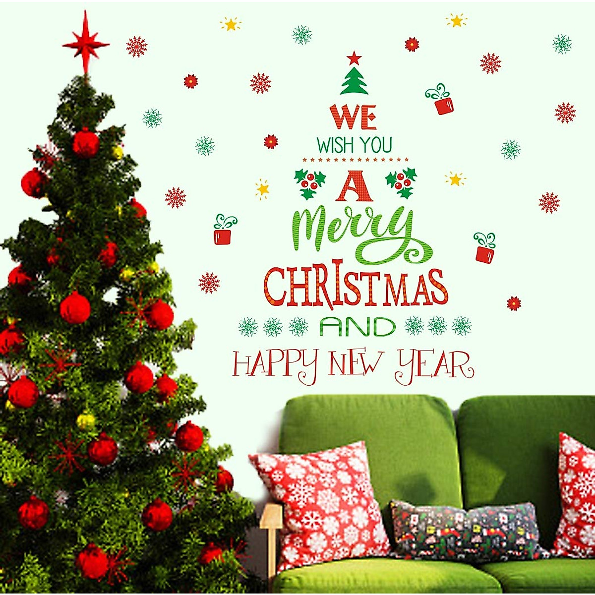 TOARTi Merry Christmas Quotes Wall Decals Happy New Year Quotes Stickers Christmas Tree Snowflake Stickers for Wall Christmas Party Supplies Christmas Window Clings