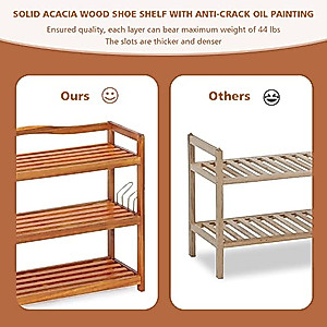 Giantex 5-Tier Shoe Rack, Acacia Wood Shoe Shelf with Side Metal Hooks, Holds up 12-18 Pairs, Shoe Organizer, Shoe Storage, Wooden Shoe Rack for Entryway, 25’’Lx10.5’’Wx32.5’’H