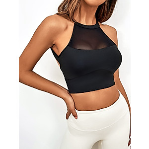 Milumia Women Contrast Mesh Backless Sports Bra Cut Out Halter Padded Workout Bras Black X-Large