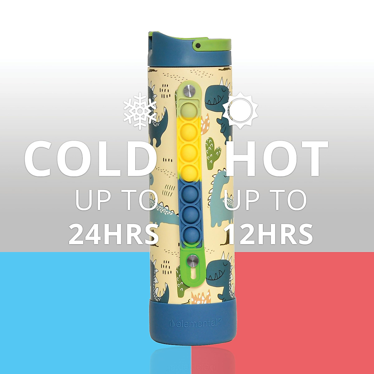 Elemental Iconic Kids Water Bottle with Straw Lid & Stress Reliever Pop It Handle, Leak-Proof When Closed, Triple Insulated Stainless Steel Reusable Thermos Water Bottle, 20oz - Dinosaur