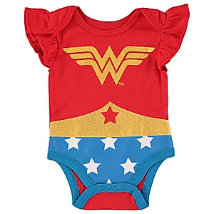 Wonder Woman Newborn Girls 3 Pack Bodysuits (Red/Blue/Grey, 3-6 Months)