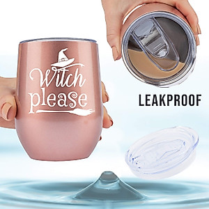 JENVIO Witchy Gifts - Rose Gold Stainless Steel Wine Tumbler/Mug with Lid and Straw - Witch Room Decor for Witchcraft Women Wicca Gothic Brew Village Glass Cup Please Broomstick Valentine's Day