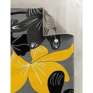 Rug and Decor Contempo 1000 Yellow Grey Black White Floral Bloom Abstract Area Rug Carpet Alfombra for Living Room Bed Room (5' x 7' Area Rug)