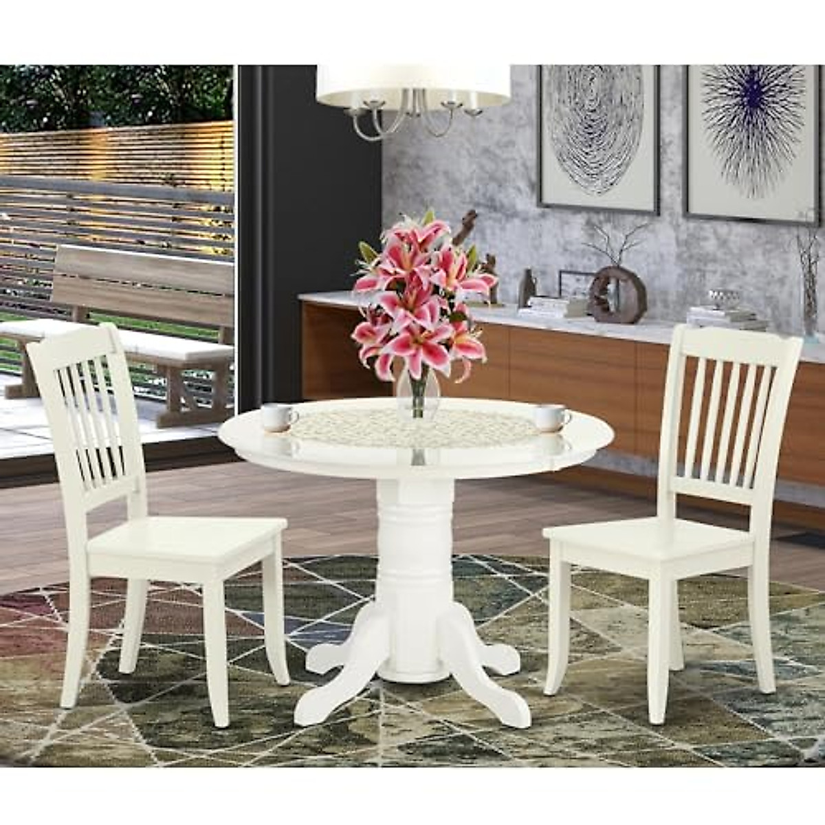 East West Furniture SHDA3-LWH-W 3 Piece Kitchen Table Set for Small Spaces Contains a Round Dining Table with Pedestal and 2 Dining Room Chairs, 42x42 Inch, Linen White