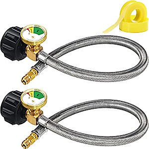 1/4" Inverted RV Propane Hose with Gauge，15" Stainless Steel Braided Propane Tank Pigtail Connector for Standard 2-Stage Regulator，CSA Certified Type 1 Connection, for 5-40 LB Propane Tank，2 Pack