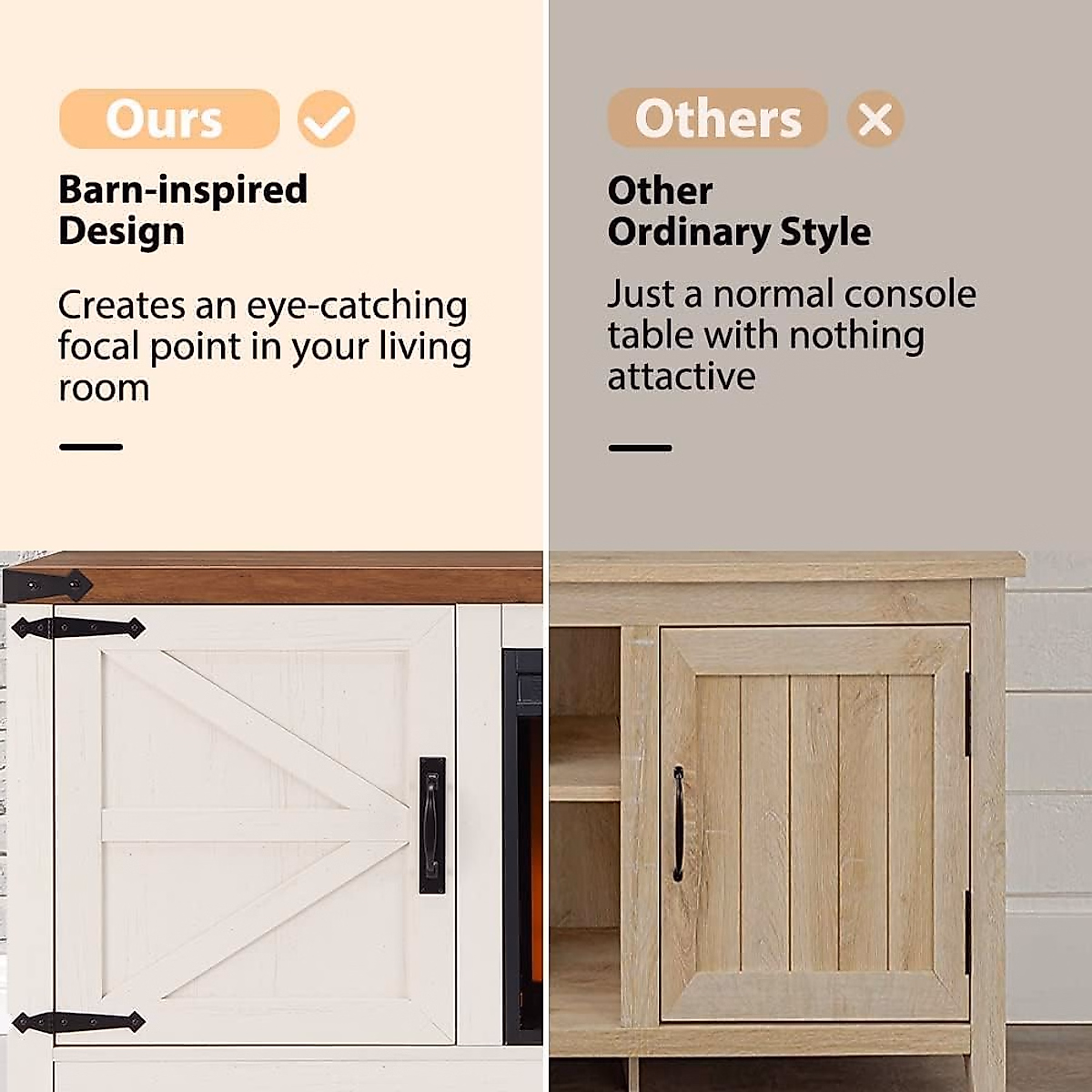 T4TREAM Fireplace TV Stand for 75 Inch TV, Farmhouse Barn Door Media Console, Entertainment Center with 23" Electric Fireplace Remote Control,for Living Room, 66 Inch, Antique White