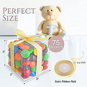 75 pcs 2x2x2 Inch Clear PET Macaron Boxes, Wedding Plastic Boxes, Treat Candy Boxes, Small Clear Boxes for Gifts, Clear Party favor Boxes, Clear Cupcake Boxes with Free Gold Wrapping Ribbon