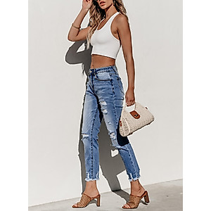 Sidefeel Women's Distressed Raw Hem Boyfriend Jeans Ripped Straight Leg Denim Pants Sky Blue Size 16