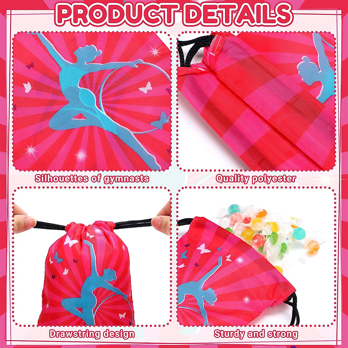 Honoson 24 Pcs Gymnastics Party Favors Bags Gymnastics Birthday Goodie Bags Gymnastics Theme Gift Bags for Gymnastics Drawstring Treat Bag for Birthday Baby Shower Party Supplies 7x5inchs