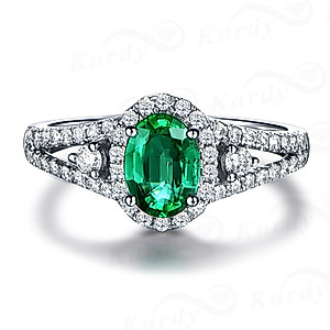 Genuine Natural Emerald Gemstone Oval Cut Solid 14K White Gold Diamond Wedding Engagement Promise Band Ring for Women