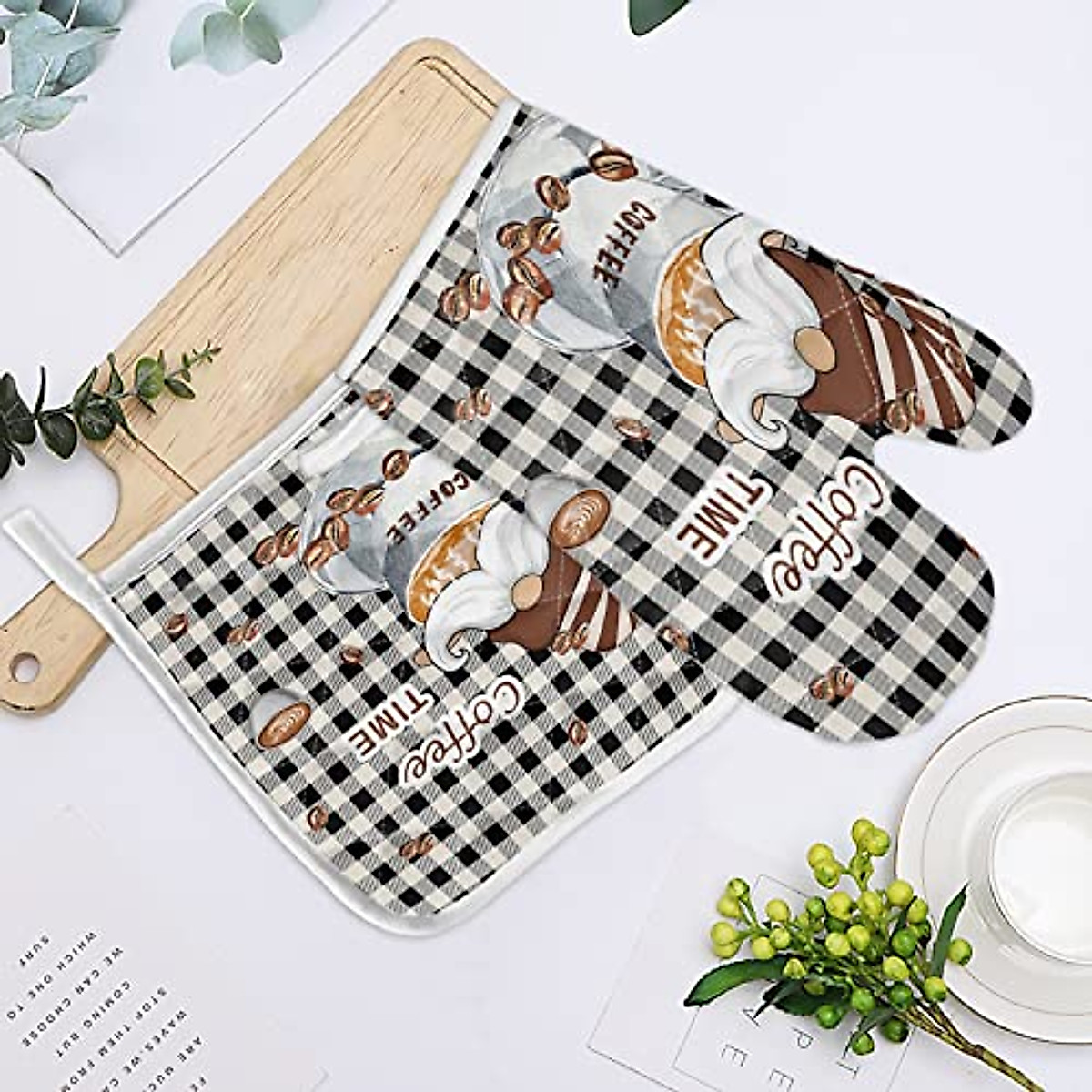 Oven Mitts, Coffee Time Anti-Skid Cooking Gloves for BBQ, Microwave, Baking, Cooking, Thermal Insulation Hot Pads Potholders for Handling Hot Cookware Gnome Coffee Beans Black-White Plaid