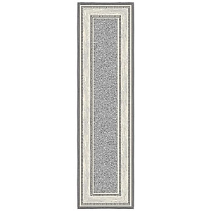 Ottomanson Machine Washable Bordered Design Non-Slip Rubberback 2x7 Traditional Runner Rug for Hallway, Kitchen, Bedroom, Living Room, 1'10" x 7', Light Gray
