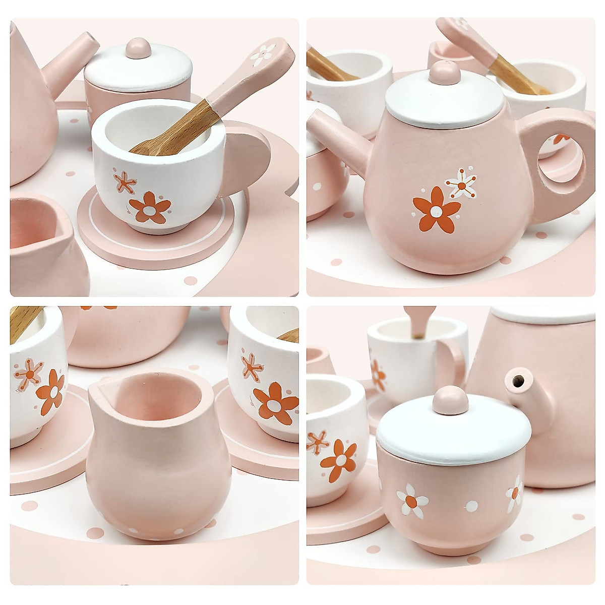 Wooden Afternoon Tea Set Toys for Toddlers Realistic Teapot Cups Carrying Tray Scoops Pretend Play Learning Role Play 12 pcs Pink Gift for Kids