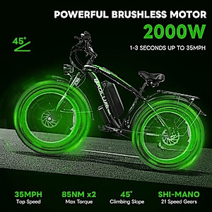 COJMOYOV 2000W Electric Bike with 20Ah Removable Battery 26"×4" Fat Tire Ebike for Adults 35MPH 65Miles Electric Bicycles with Shi-Mano 21 Speed,Lockable Front Suspension,Hydraulic Disc Brake Green