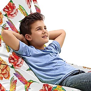 Lunarable Hummingbird Lounger Chair Bag, Hand Drawn Watercolor Illustration with Blooming Flowers Tropical, High Capacity Storage with Handle Container, Lounger Size, Orange Vermilion Green