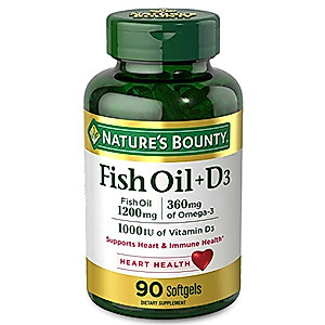 Nature's Bounty Fish Oil plus D3, Contains Omega 3, Immune Support & Supports Heart Health, 1200mg Fish Oil, 360mg Omega 3, 1000IU Vitamin D3, 90 Softgels