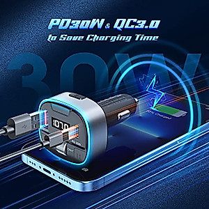 Octeso New Roller FM Transmitter for Car, Wireless FM Radio Adapter/ Music Player/ Car Kit with PD30W & QC3.0 Quick Charging, Bass Music, Ring Backlit, Hands-Free Calls