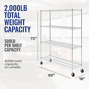 SafeRacks - NSF Certified Storage Shelves, Zinc, Heavy Duty Steel Wire Unit with Wheels and Adjustable Feet, Garage or Bakers Rack, Kitchen, Pantry Shelf - (18"x60"x72" 4-Tier) (Silver)