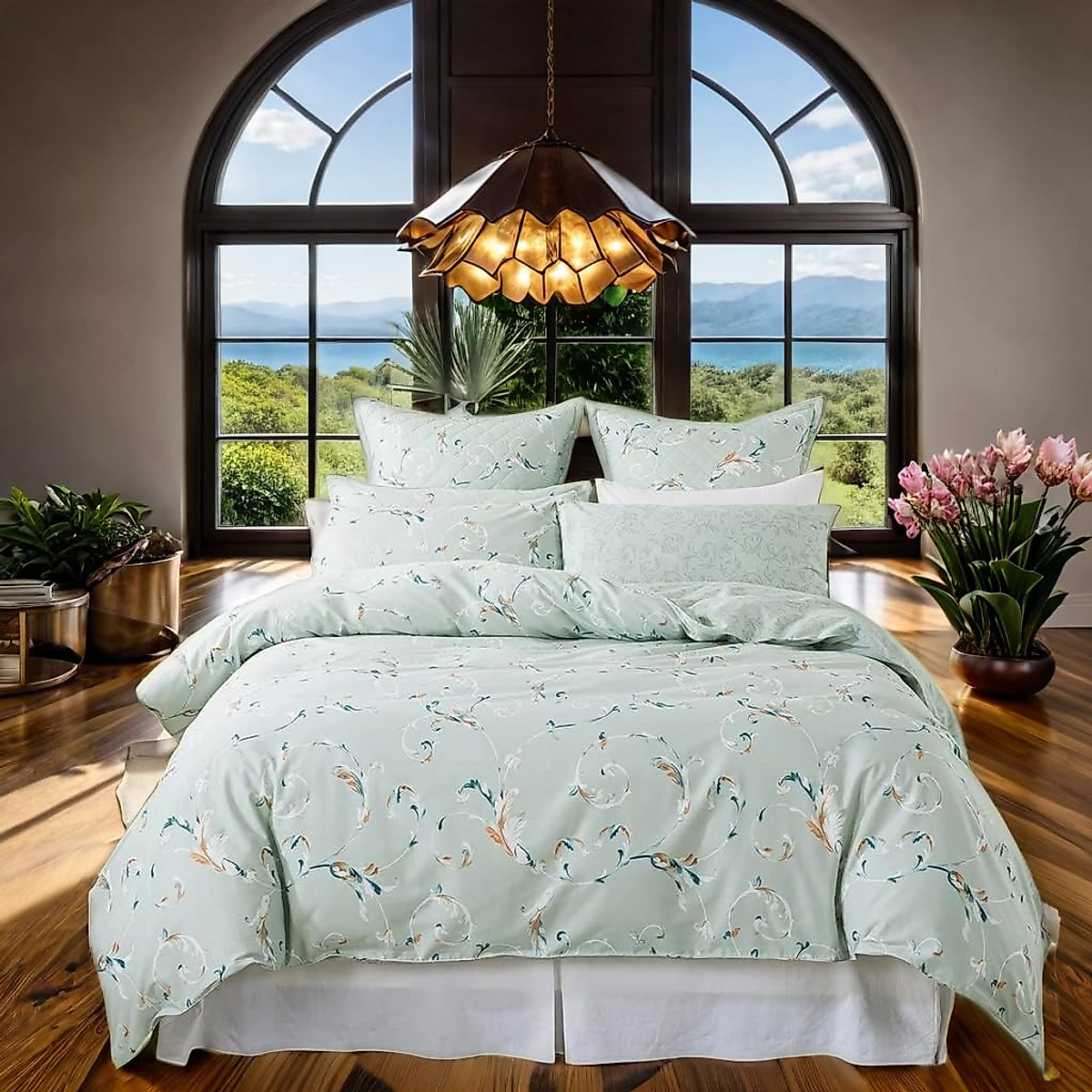FADFAY Twin XL Duvet Cover, 100% Cotton Teal/Light Green Reversible Comforter Cover College Dorm Room Bedding Sets - Ultra Soft Pattern Printed Leaf Bedding, 3Pcs, Twin Extra Long