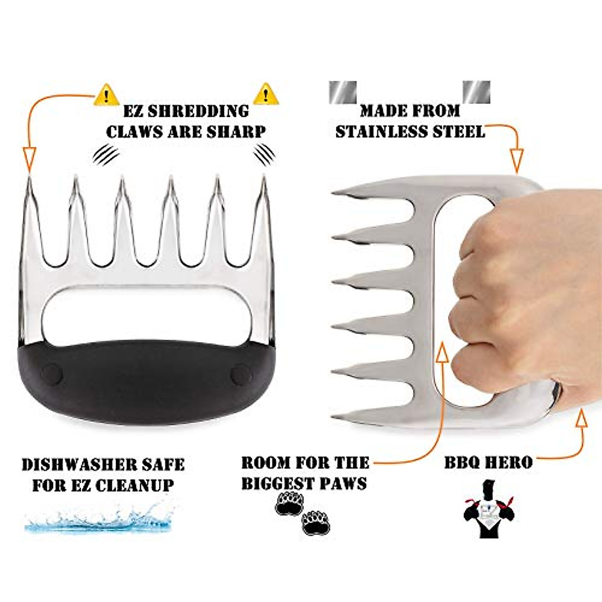 BBQFAM EZ Shredding Claws Stainless Steel Bear Claw Meat Shredders for BBQ. Perfect for shredding Pulled Pork, Poultry or just handling HOT Bulky Foods.