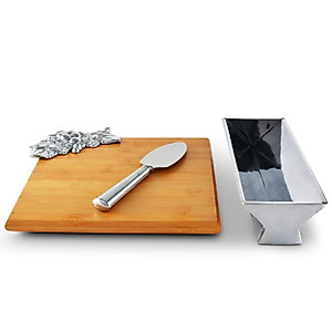 Arthur Court Designs Bamboo Cheese Board with Aluminum Grape Accent Cracker Tray and Spreader 8.5 inch x 8.5 inch board