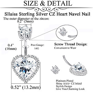 Sllaiss 925 Sterling Silver Heart Belly Button Rings for Women Men CZ Love Navel Barbell Studs Piercing Screw Navel Bars Body Piercing Jewelry 14G