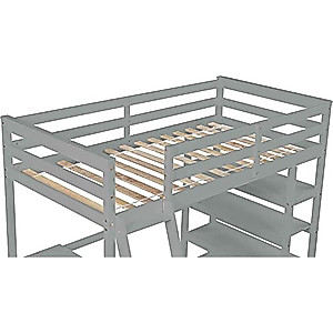 DNYN Twin Size High Loft Bed for Kids,Solid Wood Bedframe with One Desk & Four Shelves & Angle Ladder & Safety Guardrail for Boys and Girls,No Box Spring Needed,79.7"x63.4"x68.3", Gray