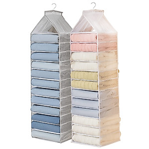 AARAINBOW 2 Packs Yoga Legging Storage Organizer Hanging Clothes Storage Shelf Short, Foldable Hanging Closet Organizer for T Shirt Tank Top 12 Shelves Hanging Organizer (Gray White)