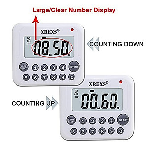 XREXS Digital Kitchen Timer Magnetic Countdown Up Cooking Timer Clock with Magnet Back and Clip, Loud Alarm, Large Display Minutes and Seconds Directly Input-White (2 Battery Included) (DC-12)