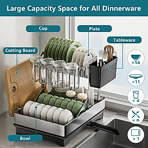 Stainless Steel Dish Drying Rack 2 Tier, Large Dish Racks for Kitchen Counter,Dish Drainer and Dish Rack with Drain of Rotatable Spout，Collapsible Dish Drying Rack for Kitchen Counter of family,Black