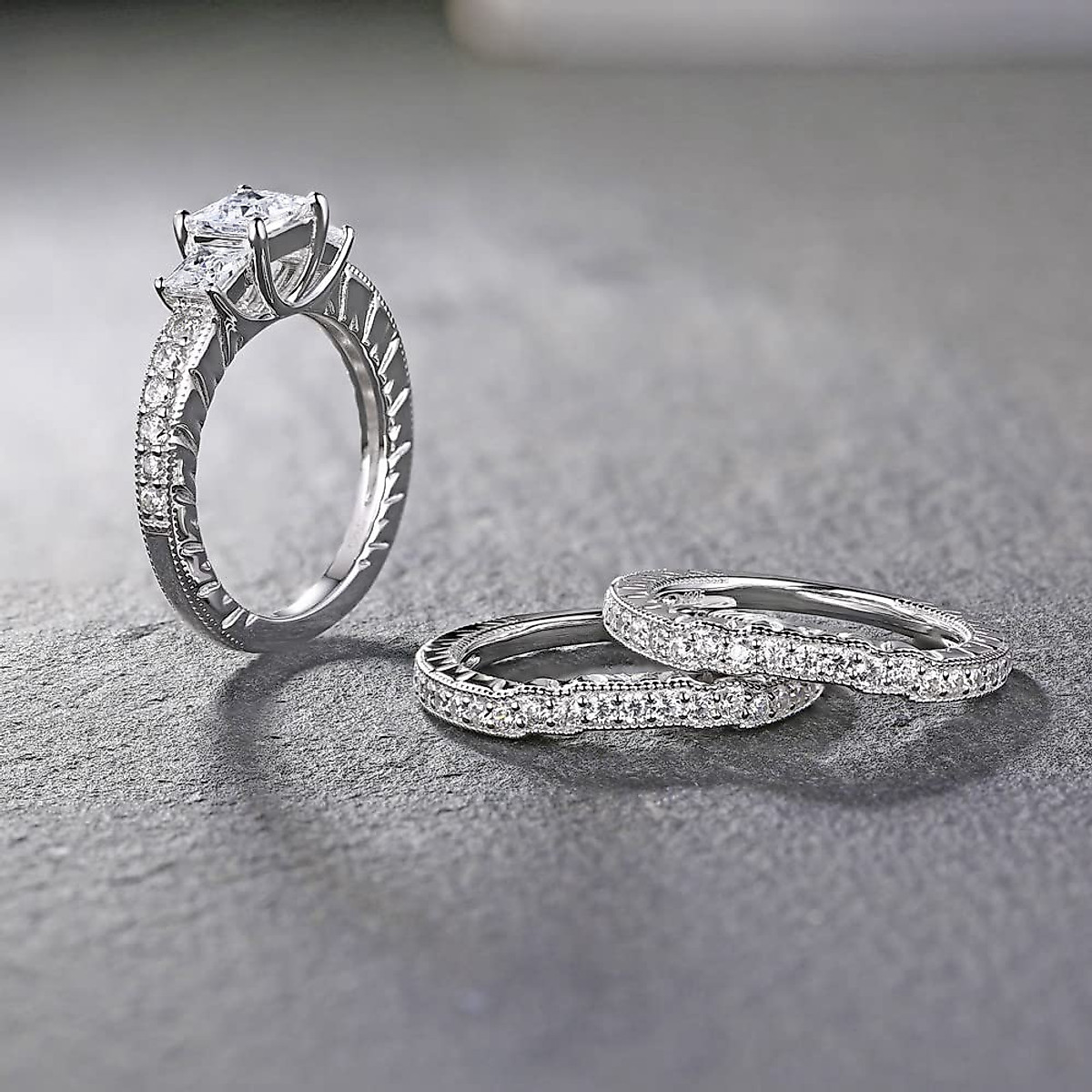 2.8 Ctw Moissanite Princess Cut Wedding Ring Set for Women Platinum Plated Silver 3 Pieces 3 Stone Bridal Ring Set Engagement Ring Set White Gold Bridal Set Anniversary Promise Rings for Her（size 7)