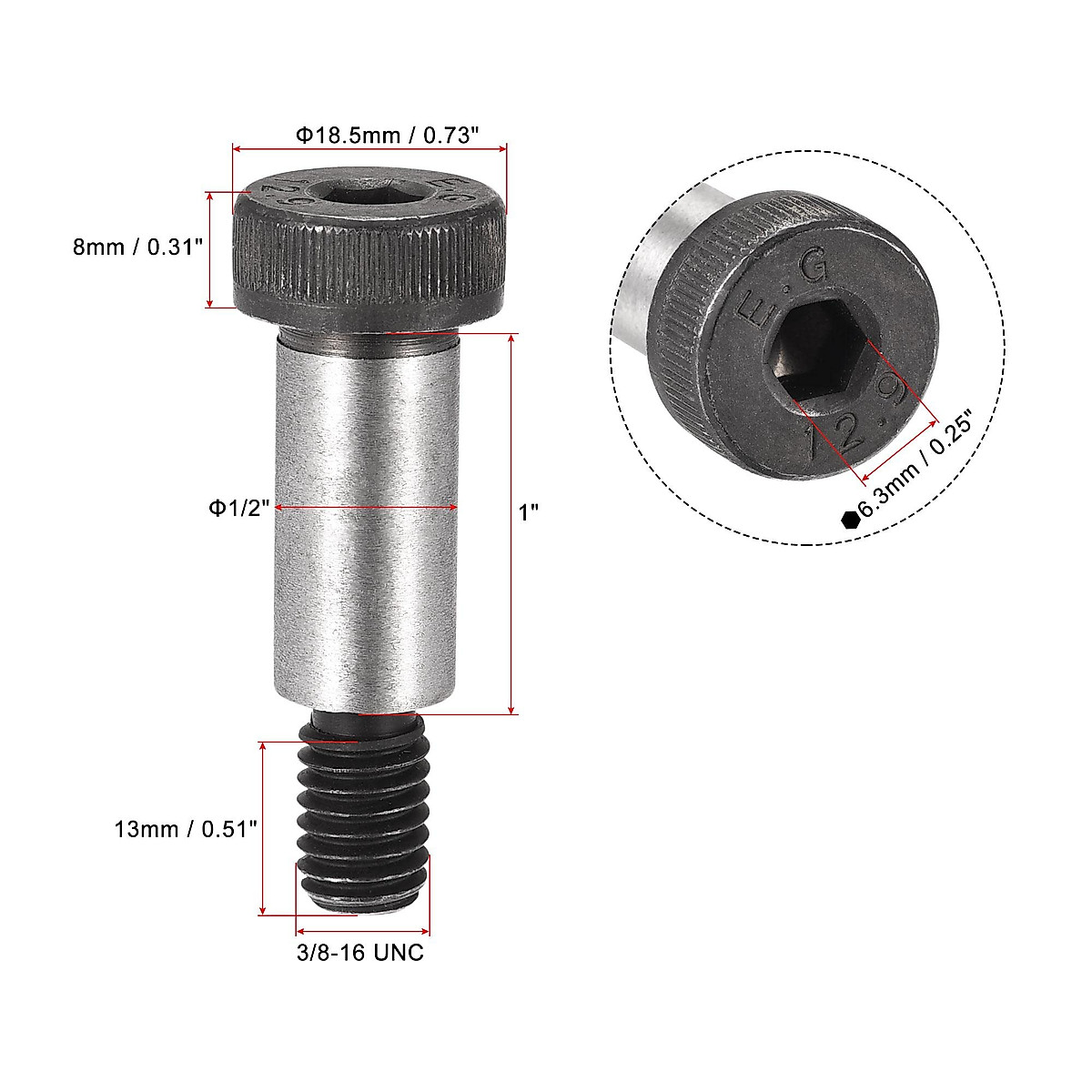 uxcell Alloy Steel Hexagon Socket Head Shoulder Screws Bolts, 1" Shoulder Length, 1/2" Shoulder Dia, 3/8-16 Thread, 4pcs