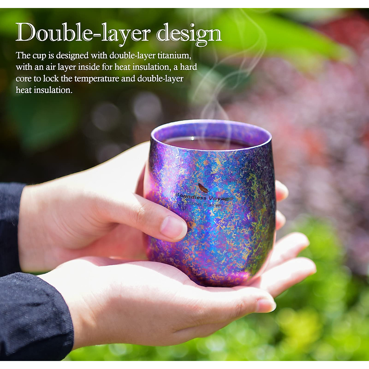 iBasingo & Boundless Voyage 8.79 fl.oz Titanium Coffee Cup Double-Layer Tea Mug Ice Flower Craft Lightweight for Camping Hiking Picnic Drinking Water Tea Wine Beer Fruit Juice (Blue-violet)-Ti3084D