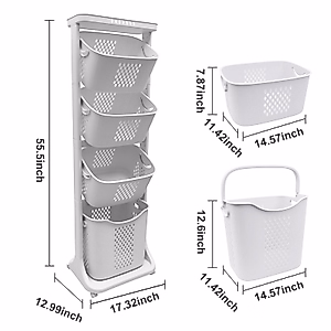 BAOKALER 4-Tier Laundry Hamper Sorter, Laundry Storage Organizer with Wheels Removable Rolling Laundry Baskets, Bathroom Cart for Dirty Clothes