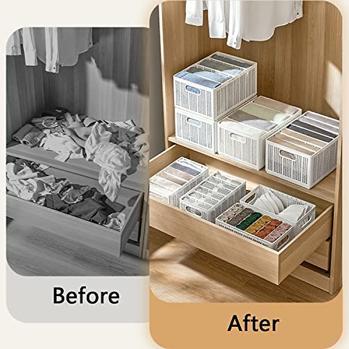 OMSORG Clothes Organizer for Folded Clothes, Plastic Storage Basket with Removable Partitions, Stackable Wardrobe Clothes Organizer Closet Storage Bins, for Bedroom Bathroom Home Organization (Large Rectangular X 4)