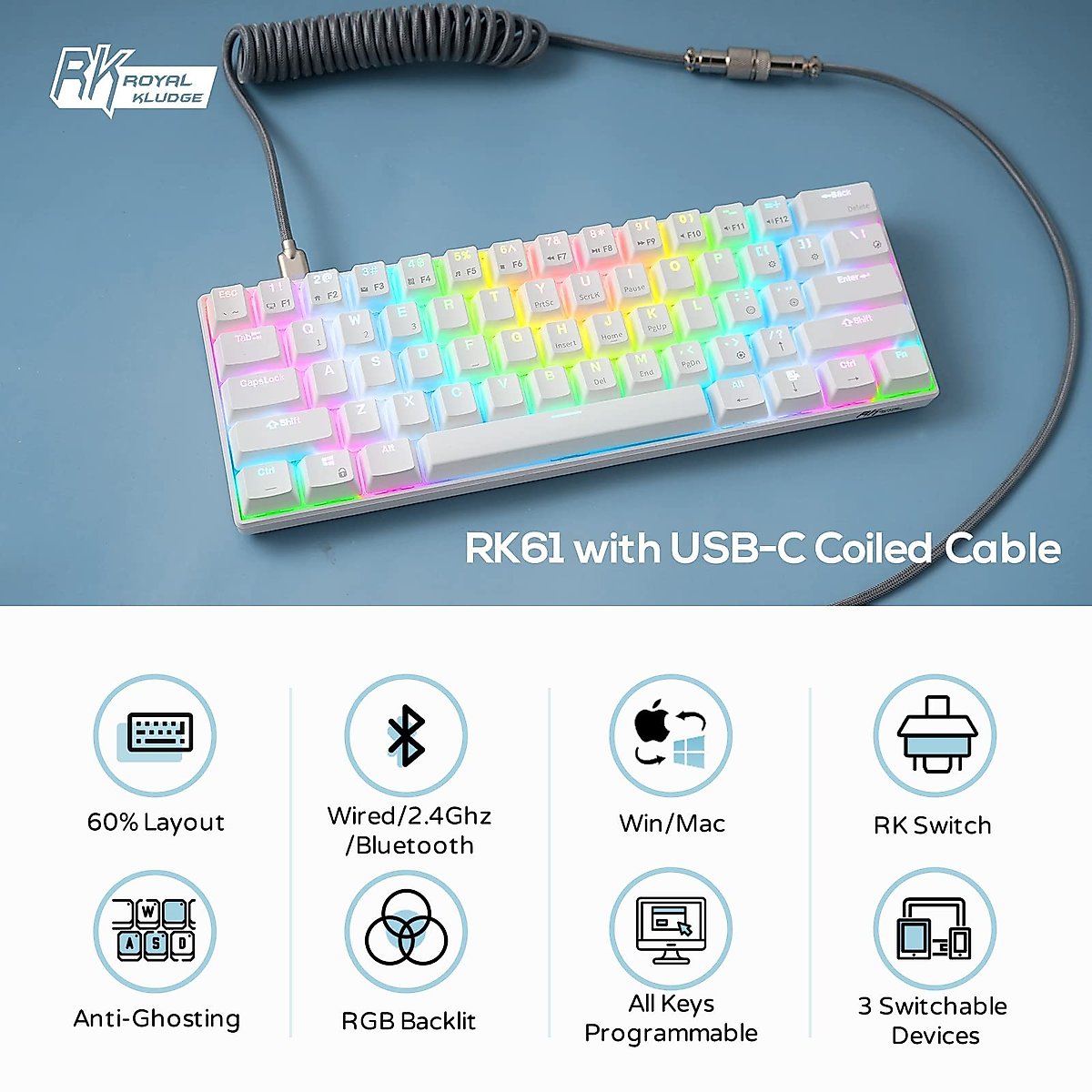 RK ROYAL KLUDGE RK61 60% Mechanical Keyboard with Coiled Cable, 2.4Ghz/Bluetooth/Wired, Wireless Bluetooth Mini Keyboard 61 Keys, RGB Hot Swappable Red Switch Gaming Keyboard with Software - White
