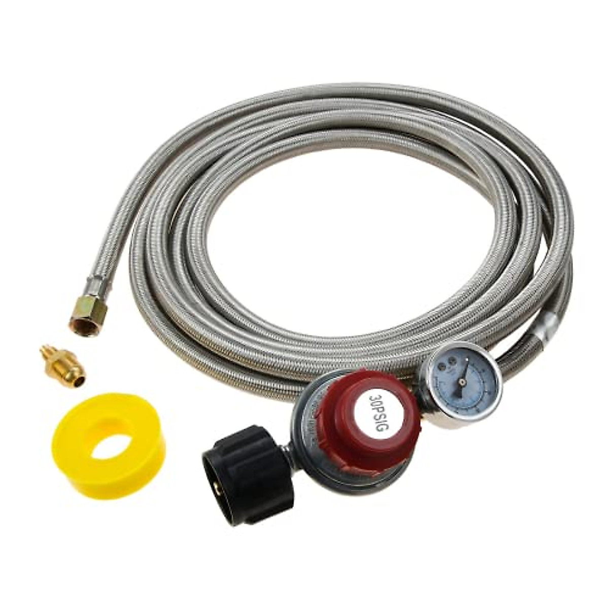 12Ft 0-30PSI High Pressure Adjustable Propane Regulator with Gauge, Stainless Steel Braided Hose Fit for Grill, Burner, Cooker, Turkey Fryer, Propane Heater, Fire Pit, QCC1 x 3/8" Female Flare Fitting